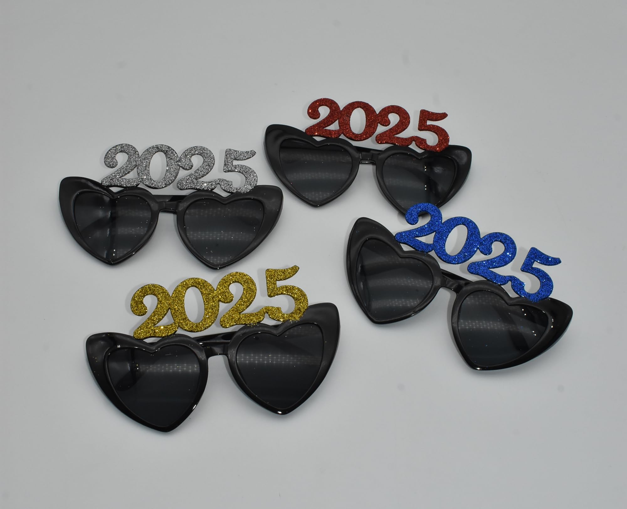 CRAWPROP 4PCS Glitter 2025 Plastic Eyeglasses Heart designs Happy New Year's Eve Glasses Party Decorations Graduation 2025 Party Photo Props Supplies