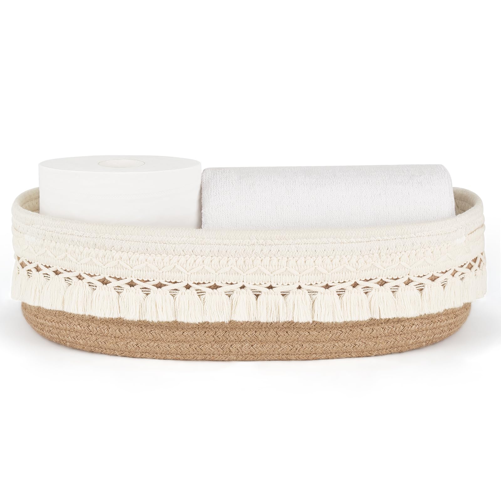 Dahey Woven Basket Macrame Storage Basket for Toilet Tank Top Boho Decor Toilet Paper Basket for Bathroom Organizing, Toilet Tank Tray for Counter Table Bedroom Living Room Nursery, Brown