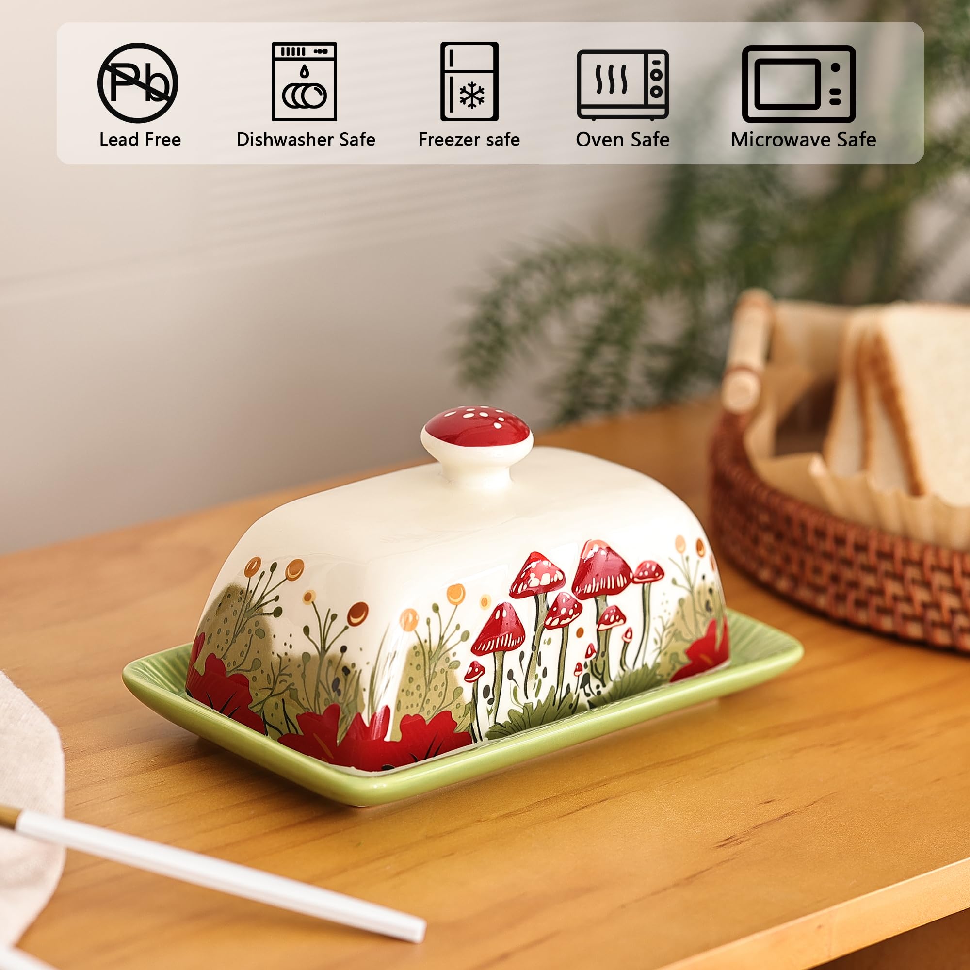 Fungi Fun Mushroom Butter Dish With Lid For Countertop Ceramic Butterdish, Red Mushroom Butter Container, Butter Tray Large Butter Dish Covered (White, Standard)
