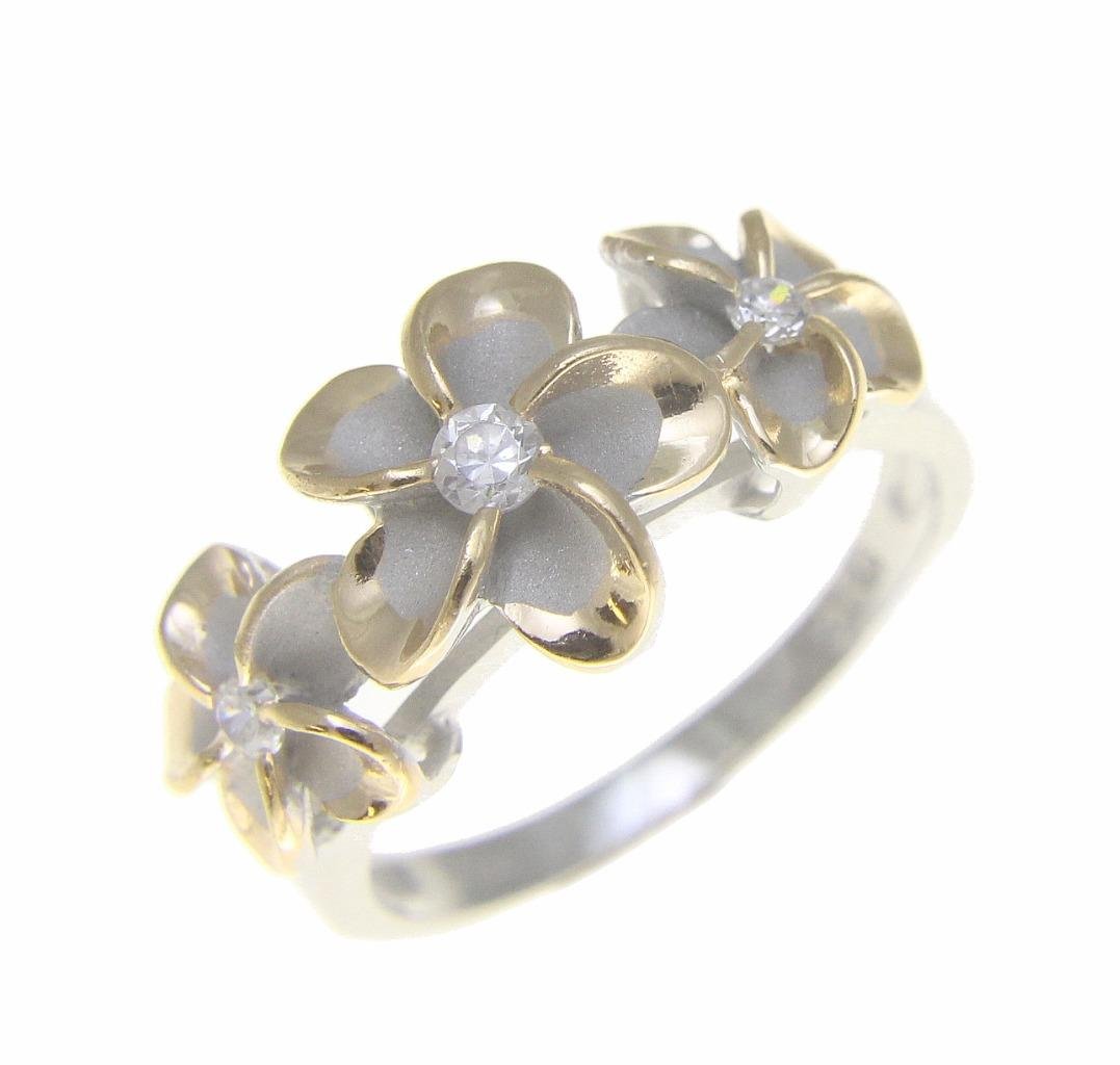 Arthur's Jewelry Sterling silver 925 Hawaiian 3 plumeria flower cz ring rhodium and yellow gold plated size 8.5