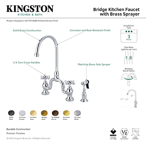Kingston Brass KS7798AXBS English Country Bridge Kitchen Faucet, Brushed Nickel