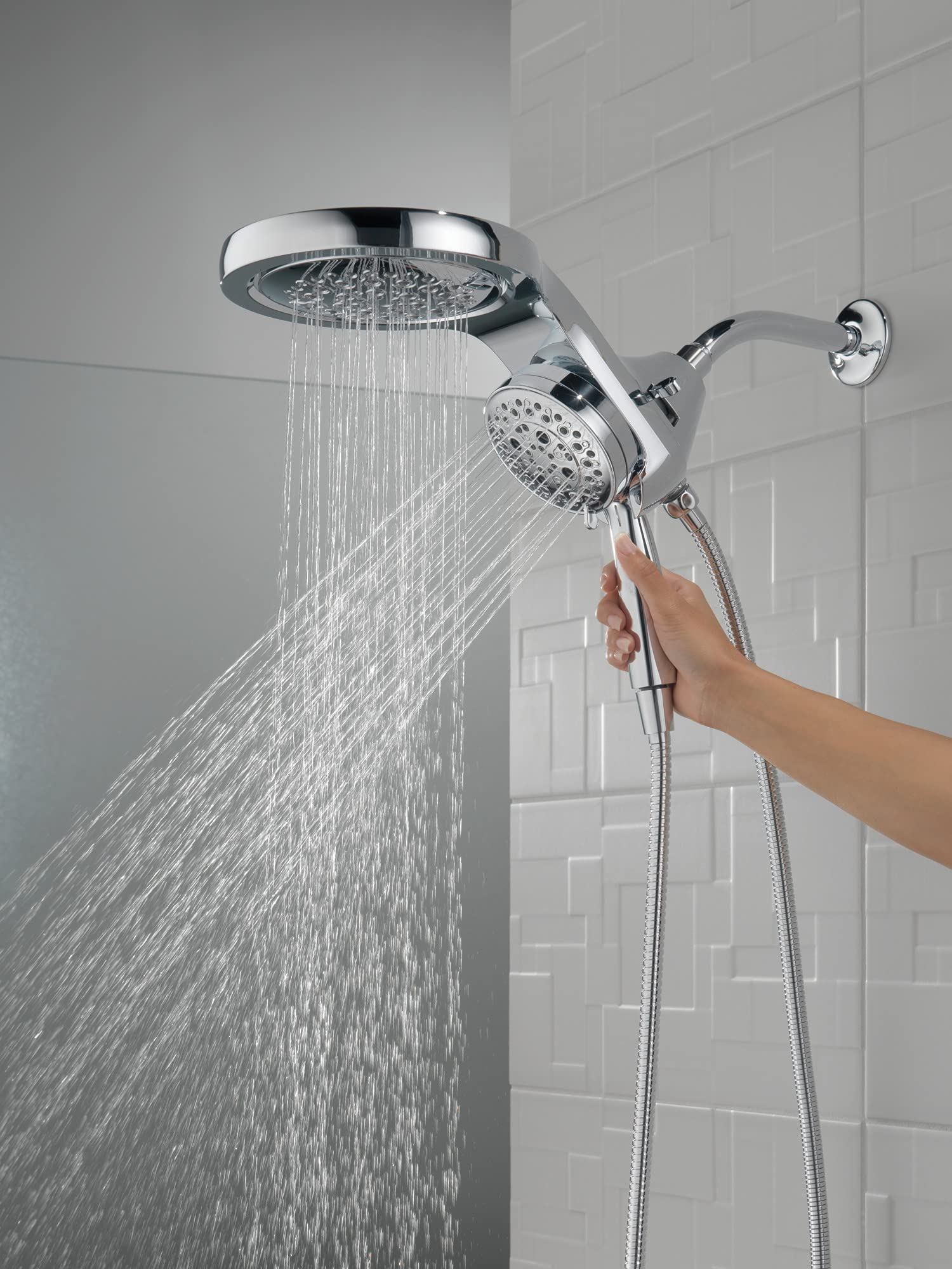 Delta Faucet HydroRain 5-Spray H2Okinetic Dual Shower Head with Handheld Spray, Chrome Shower Head with Hose, Handheld Shower Heads, Detachable Shower, 2.5 GPM Flow Rate, Lumicoat Chrome 58680-PR25