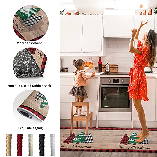 Arts Print Kitchen Rug Mat Set of 2,Merry Christmas Buffalo Plaid Pine Tree Wooden Board Runner Rug,Non-Slip Durable Kitchen Floor Mat for Sink,15.7x23.6Inch+15.7x47.2Inch