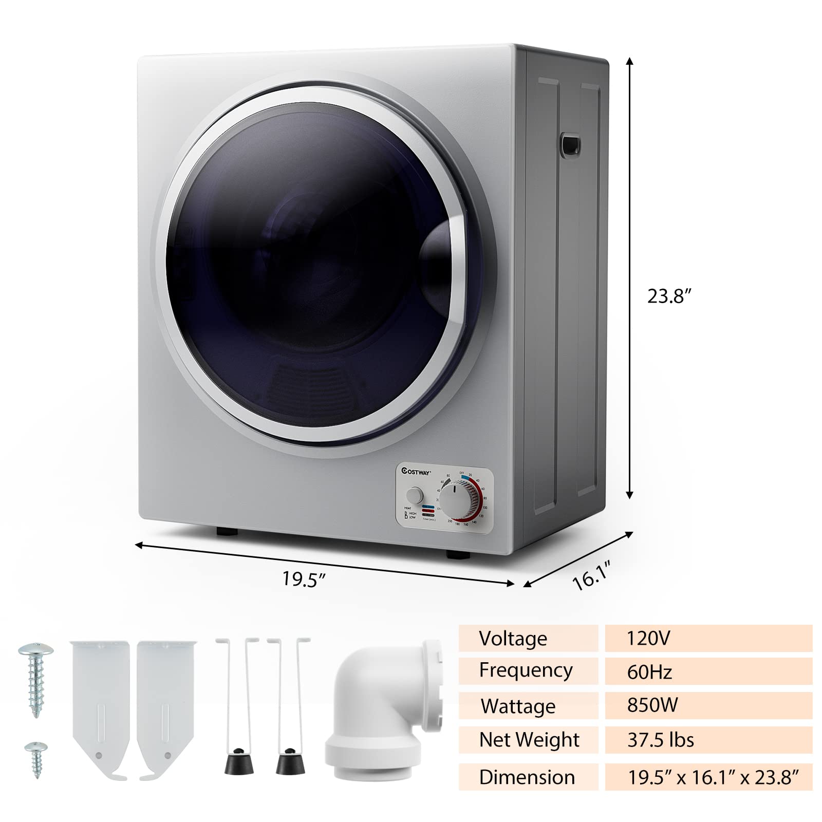 COSTWAY GT-10222US-SL-FPCY, 110V Electric Portable Clothes Stainless Steel Tub, Panel Downside Easy Control for 4 Automatic Drying Mode Compact Laundry Dryer, Silver