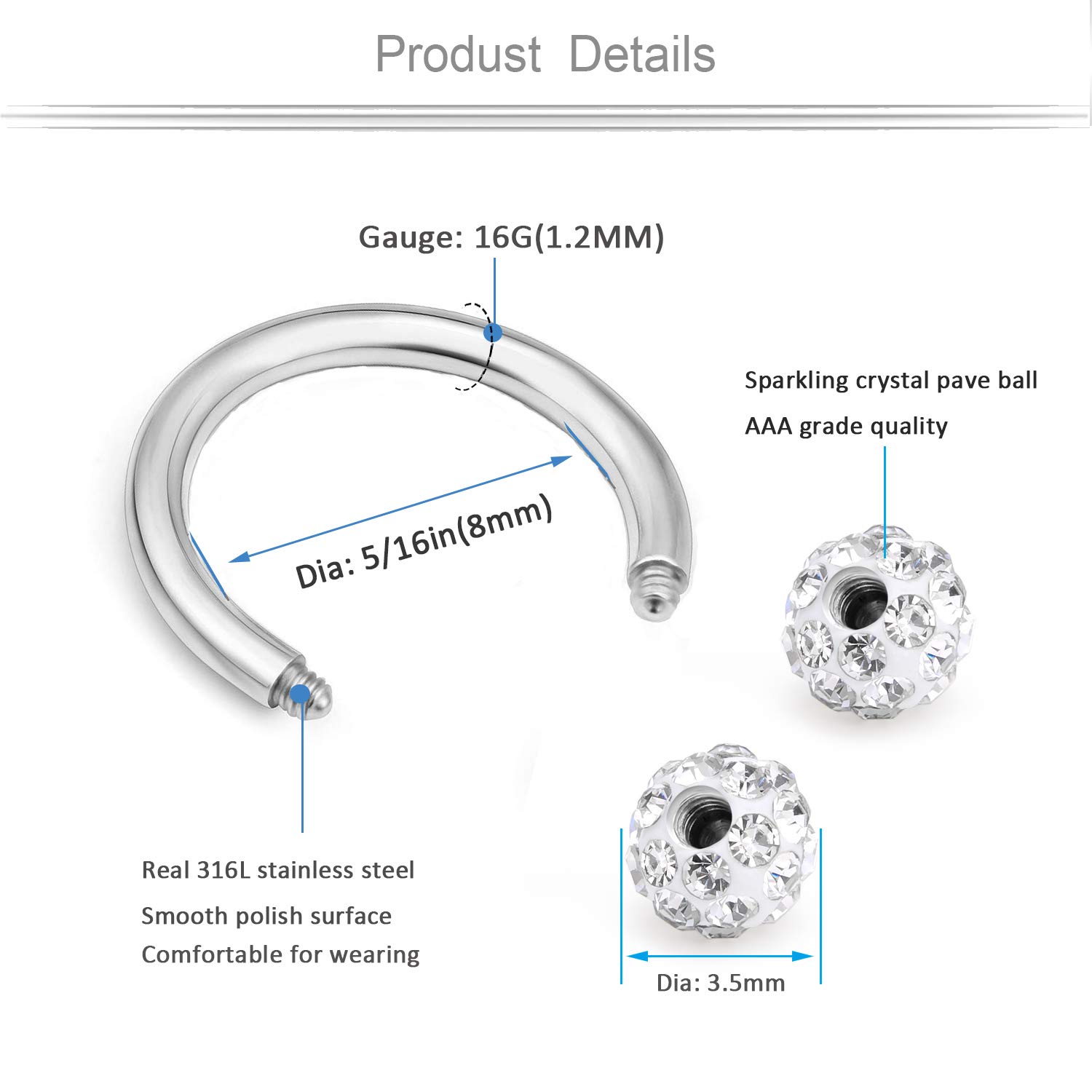 AVYRING 16G 8mm Daith Rook Earrings Stainless Steel with Crystal Ball Cartilage Helix Piercing Rings Septum Rings Eyebrow Jewelry Silver