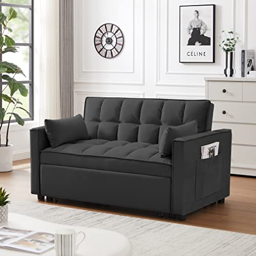 DHHU 52" Sleeper Couch Pull Out Bed, Velvet Convertible Sofa Bed, Loveseat Couch with Toss Pillows and Pockets for Living Room Furniture