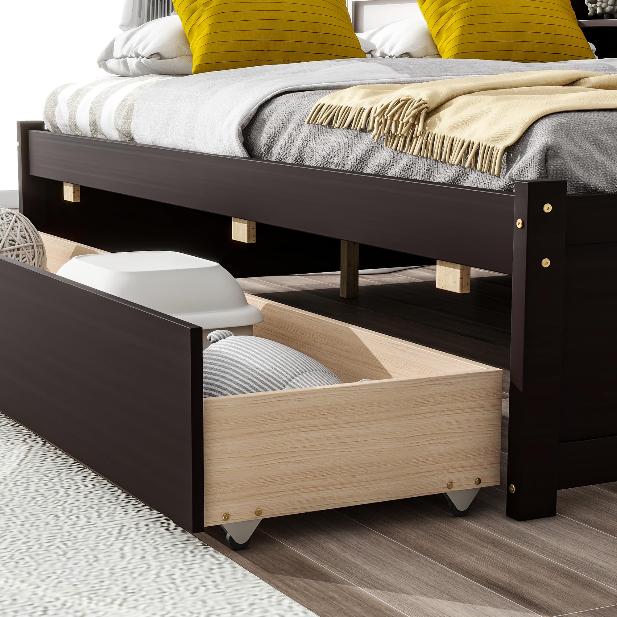 DaiNNCN Full Size Daybed with Storage Bookcases Headboard,Captains Corner L-Shaped Bed with 2 Drawers,No Box Spring Needed for Kids Boys Girls,Espresso