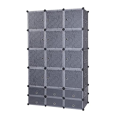 Cffuvros 18-Cube DIY Plastic Closet Cabinet, Storage Cube Organizer with Doors and Clothes Rod, Stackable Closet Shelf for Bedroom, Plastic Space Saver for Home, Living Room, Office