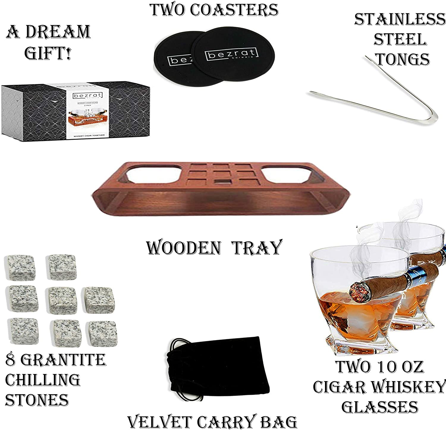 Bezrat Old Fashioned Cigar Whiskey Glasses With Side Mounted Cigar Rest Gift Set + Whisky Chilling Stones and accessories on Wooden Tray - Scotch Bourbon Glasses β Christmas Holiday Gift