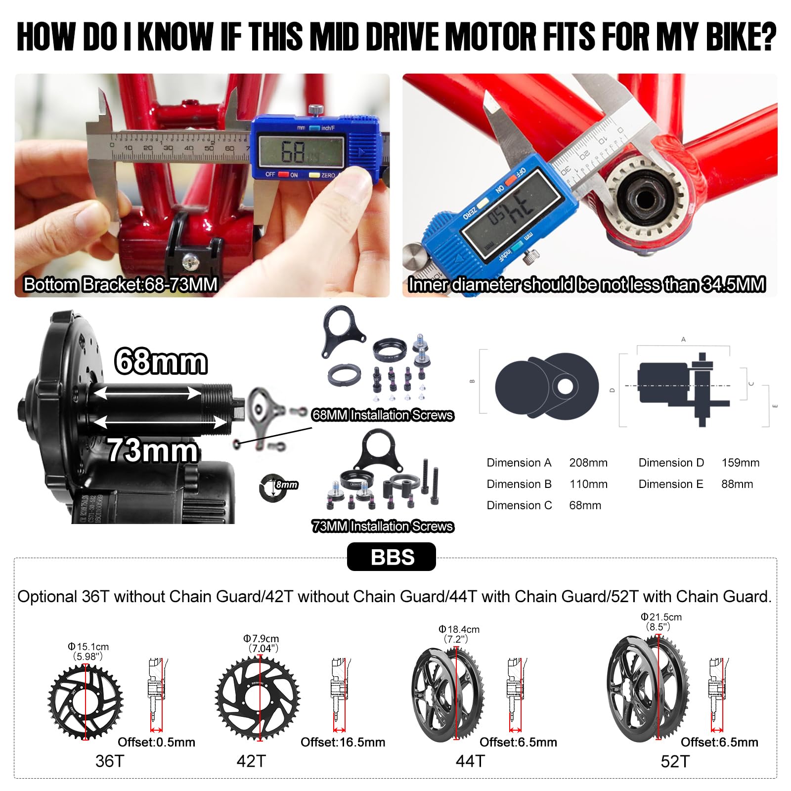 BAFANG Electric Bike Motor Kit Mid Drive BBS02B 48V 500W Bicycle Conversion Kit Ebike fit with BB68-73mm MTB Commuter Bikes with Optional Hailong Shark battery & Rear Rack Battery with Charger