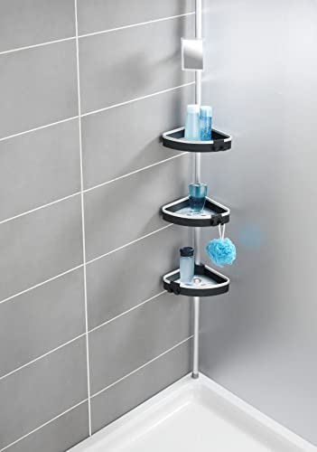 WENKO Tension Corner Shower Caddy 3 Pole and Baskets für Shampoo, Conditioner, Soap with Hooks for Razors, Towels, Blue