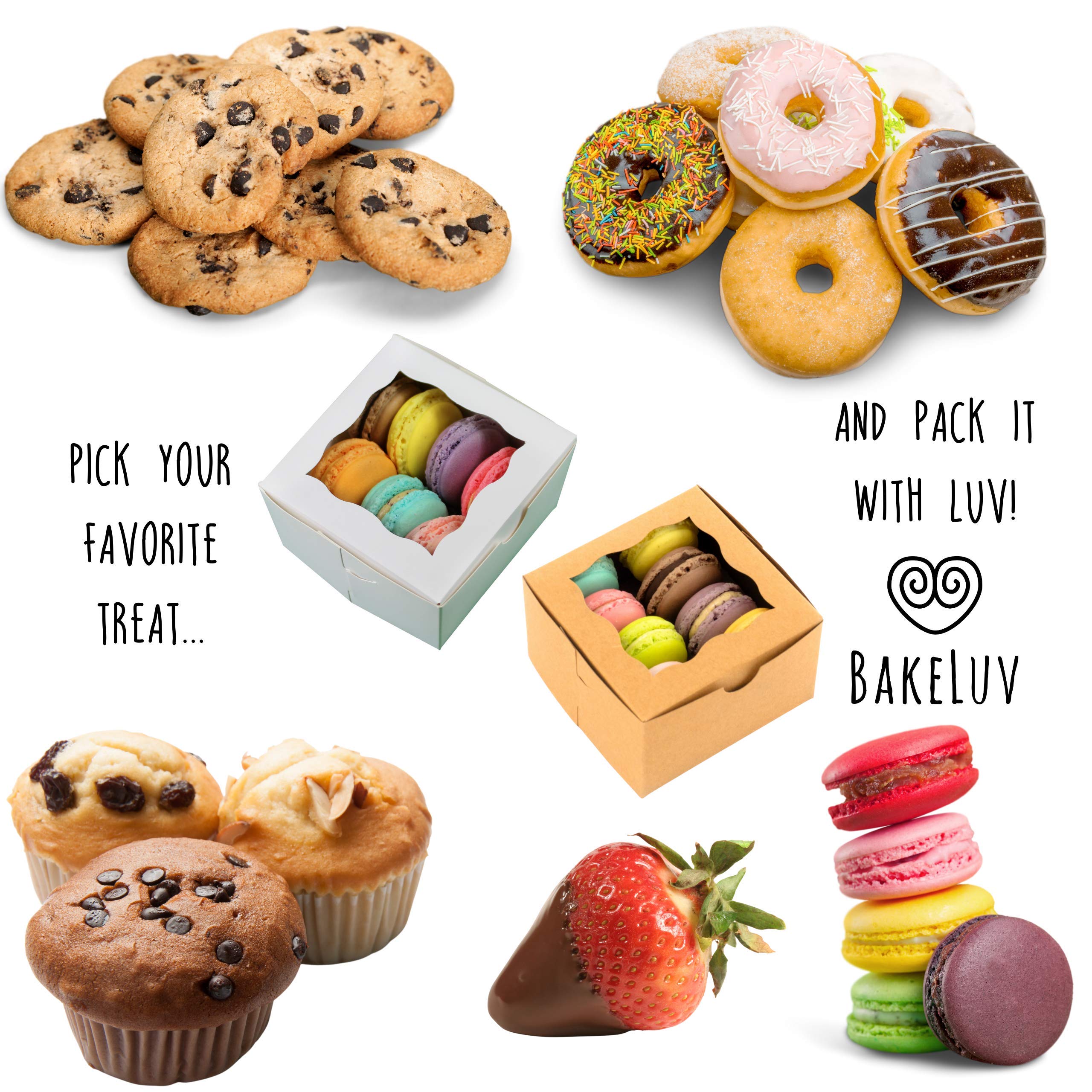 BAKELUV 4x4 Cookie Boxes with Window | White, 100 PCS | Small Treat Boxes, 4x4x2.5 Small Cookie Boxes, Bake Sale Boxes, 4 Inch To Go Bakery/Dessert, Cake Slice Boxes Individual, Cupcake/Muffin Box