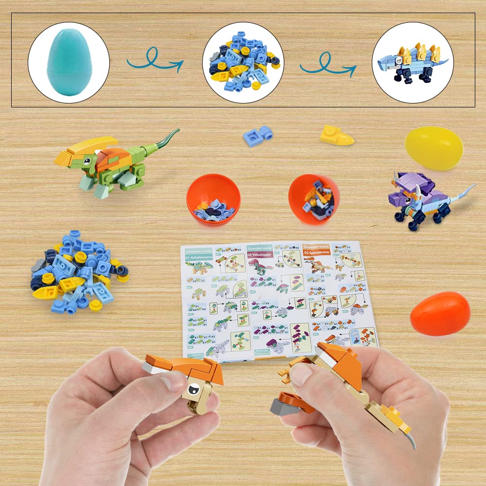 Aulynp Easter Eggs Prefilled with Dinosaurs Building Blocks, 12 PCS Dinosaur Easter Eggs, Easter Basket Stuffers for Boys, Dinosaur Party Favors Dino Surprise Egg Easter Egg Hunt Kids Classroom Prizes