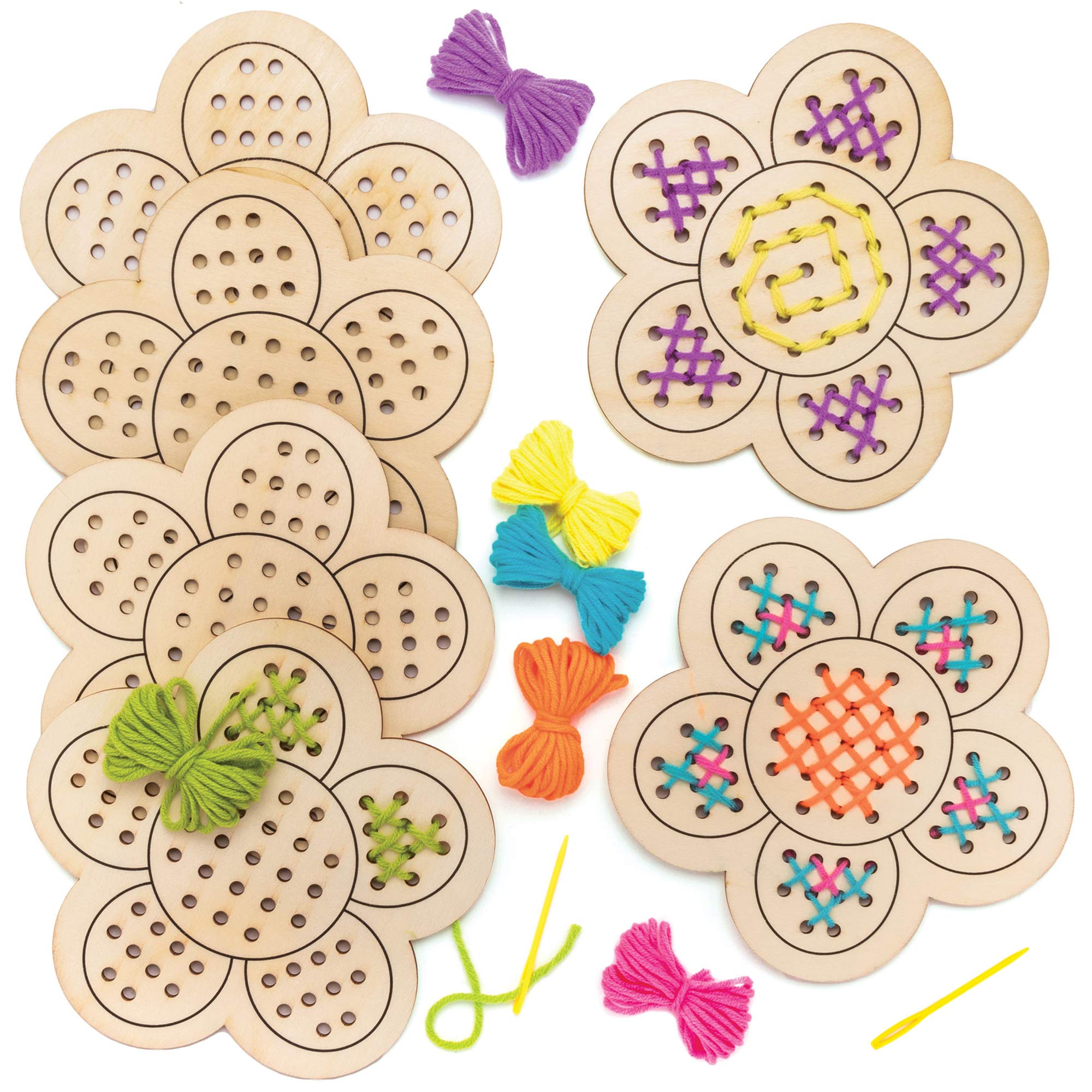 Baker Ross AT378 Flower Wooden Threading Kits, Pack of 4, Wood Template and Bright Colored Wool for Children Arts and Craft
