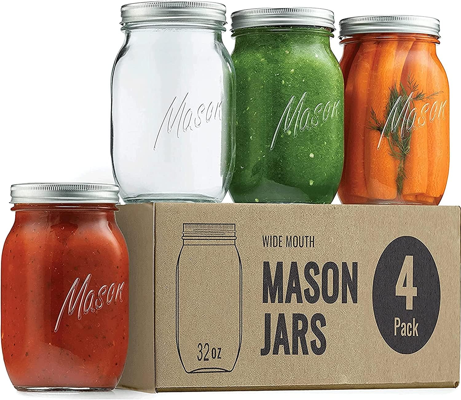 CAMDEPOSU Wide Mouth Mason Jars 32 oz - (4 Pack) Ball Quart With Airtight lids and Bands For Canning, Fermenting, Pickling, Freezing, Storage Glass jar, Microwave & Dishwasher Safe, Clear