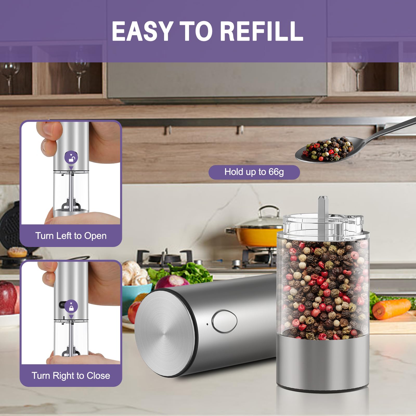 Electric Salt and Pepper Grinder Set, Automatic Pepper Mill Grinder w/Upgraded Charge Base and LED Light,Adjustable Coarseness,Rechargeable Black Peppercorn & Sea Salt Spice Mill Set