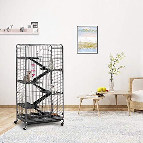 Yaheetech 52-inch Ferret Cage 6 Level Metal Rat Cage with 3 Front Doors/Feeder/Wheels Small Animal Cage for Ferret/Chinchilla/Bunny/Rabbit/Squirrel, Black