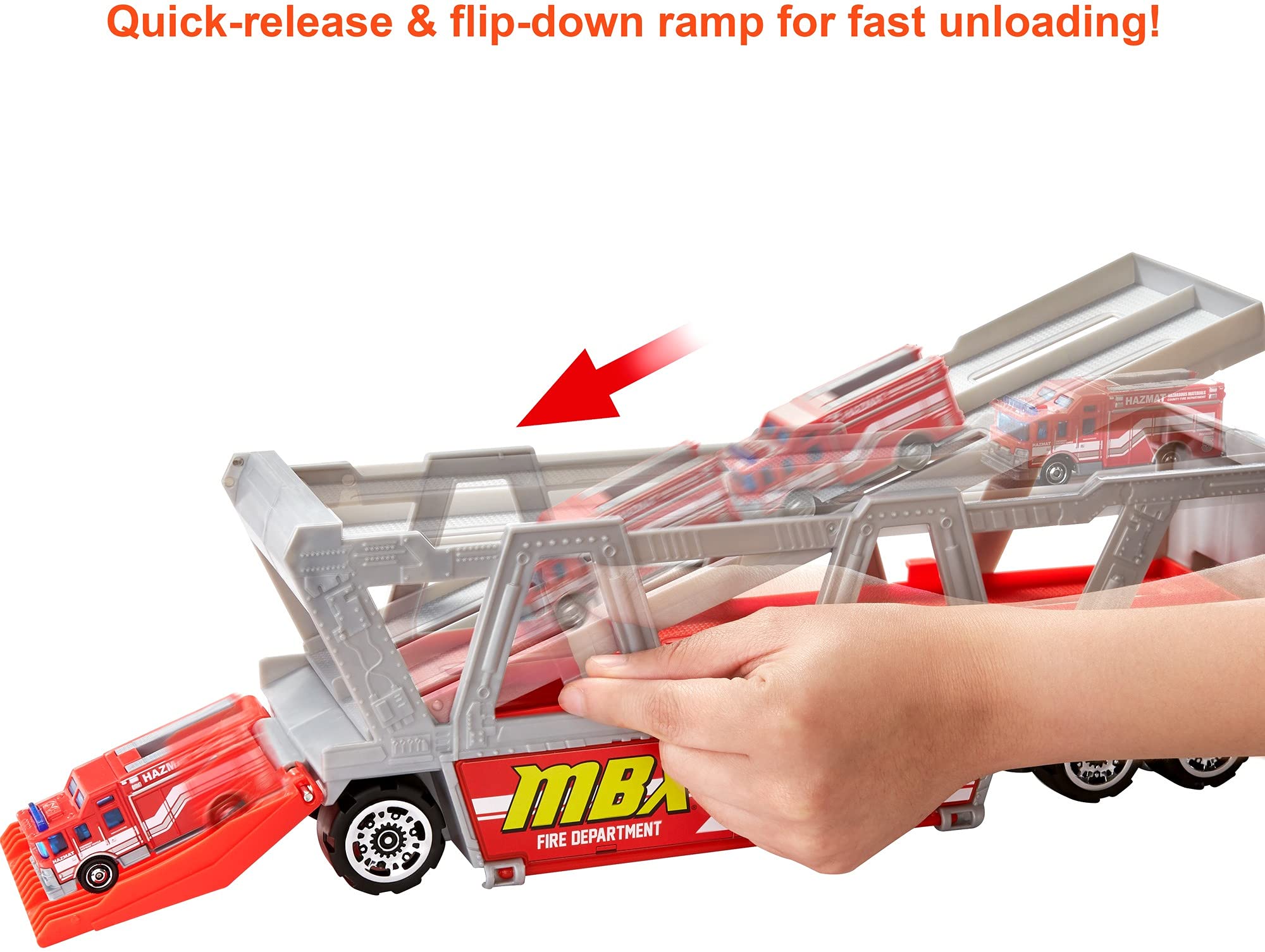 Matchbox Toy Cars, Fire Rescue Hauler Playset with 1:64 Scale Fire Truck & 8 Accessories, Storage for 16 Vehicles