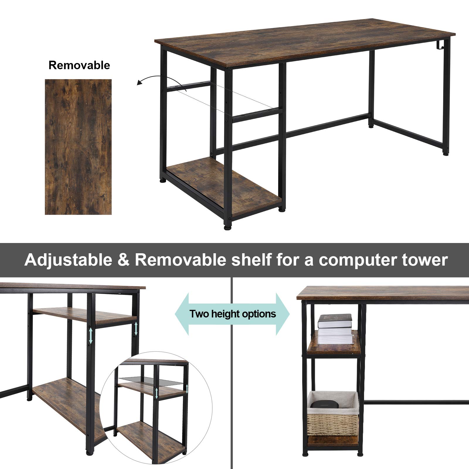 AuAg Computer Desk Home Office Desk with 2 Shelves, 55 inch Writing Desk with Storage, Industrial PC Desk Laptop Study Table with Bag Hook Gaming Desk Workstation, Easy to Assemble(Rustic Brown)