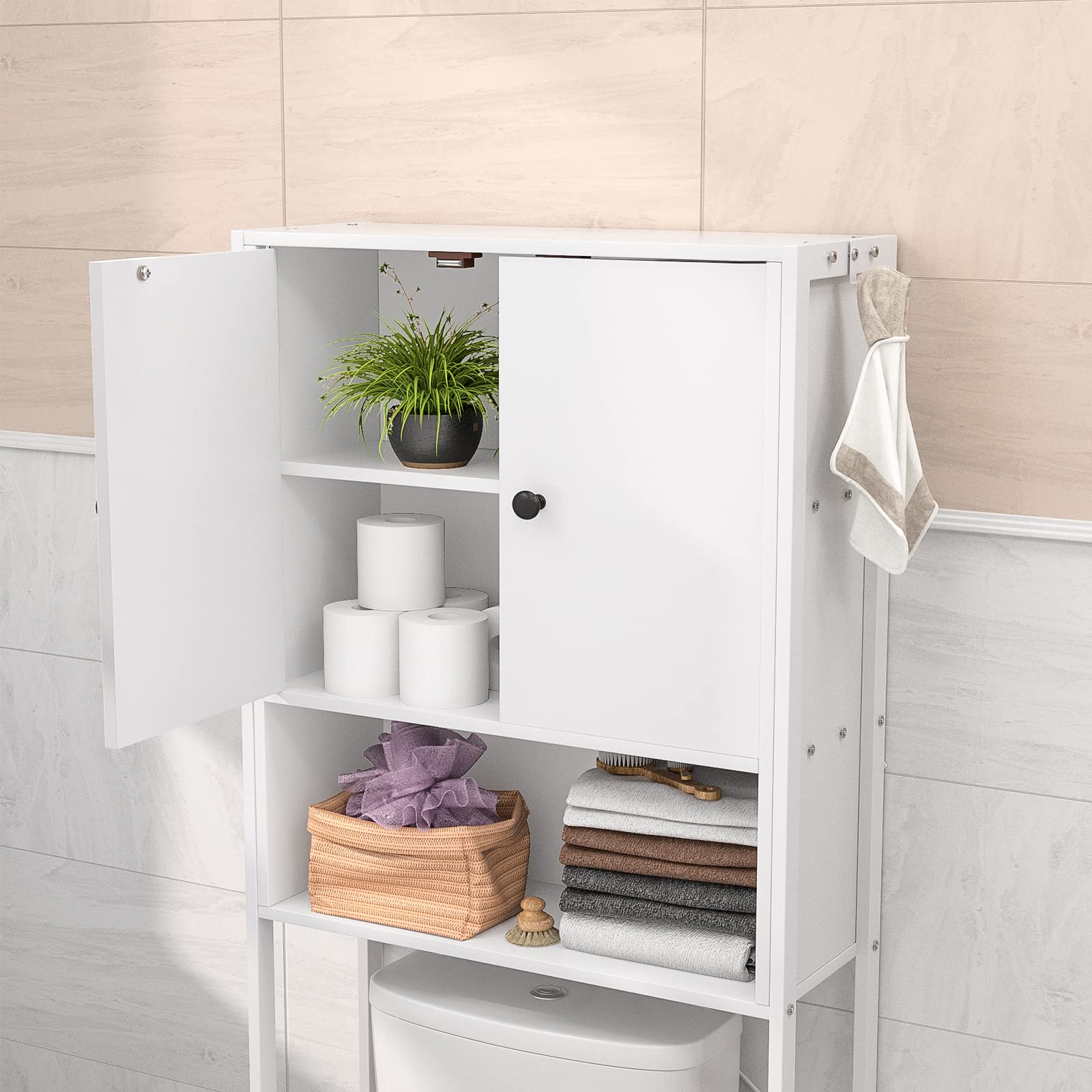 Ecoprsio Over-The-Toilet Storage Cabinet Rack, Bathroom Organizer Shelf Over Toilet, Freestanding Space Saver Toilet Stands with 2 Hooks, White
