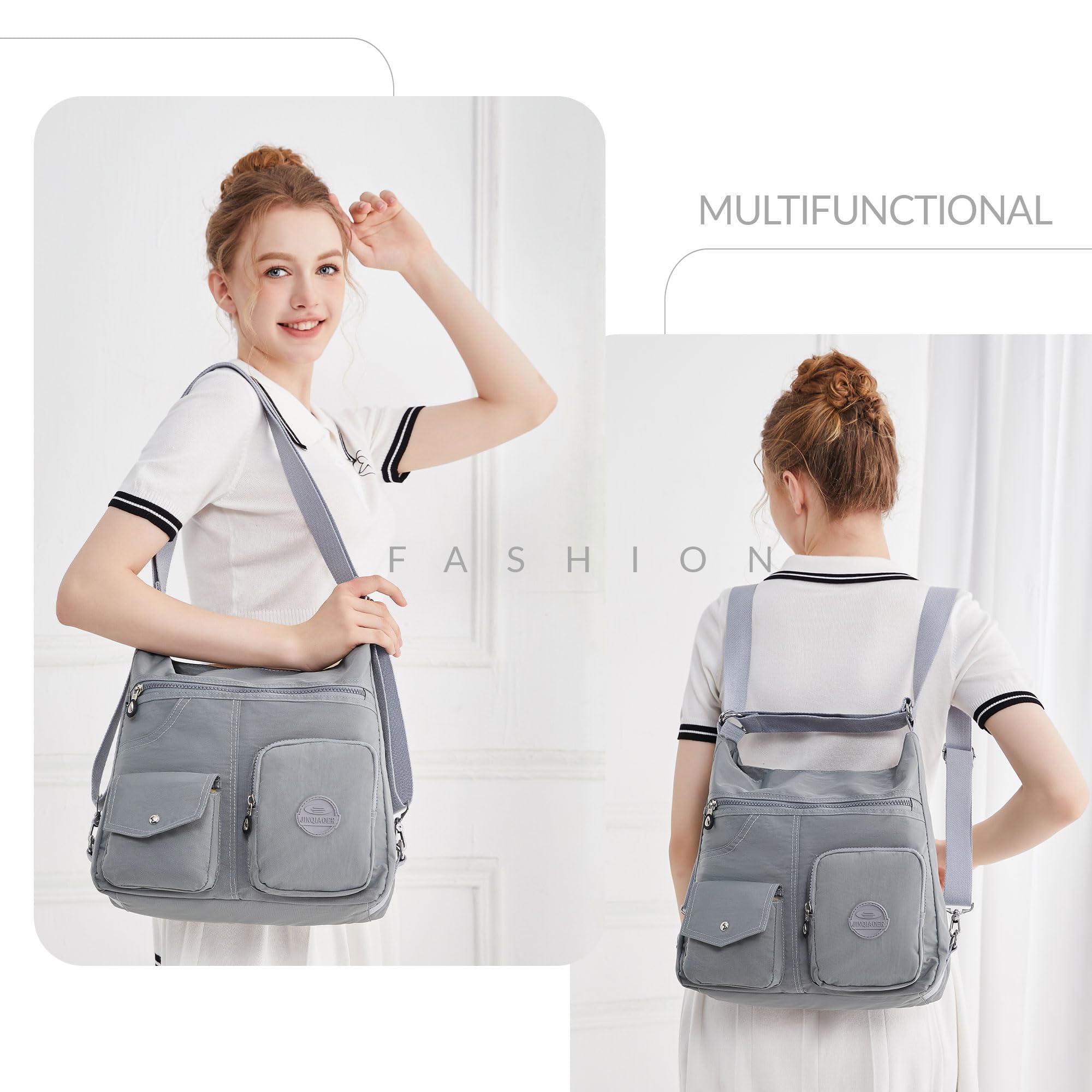 Multipurpose Hobo Purse for Women with Antitheft RFID, Waterproof Nylon Crossbody Bag Shoulder Handbag, Convertible Backpack (Grey)
