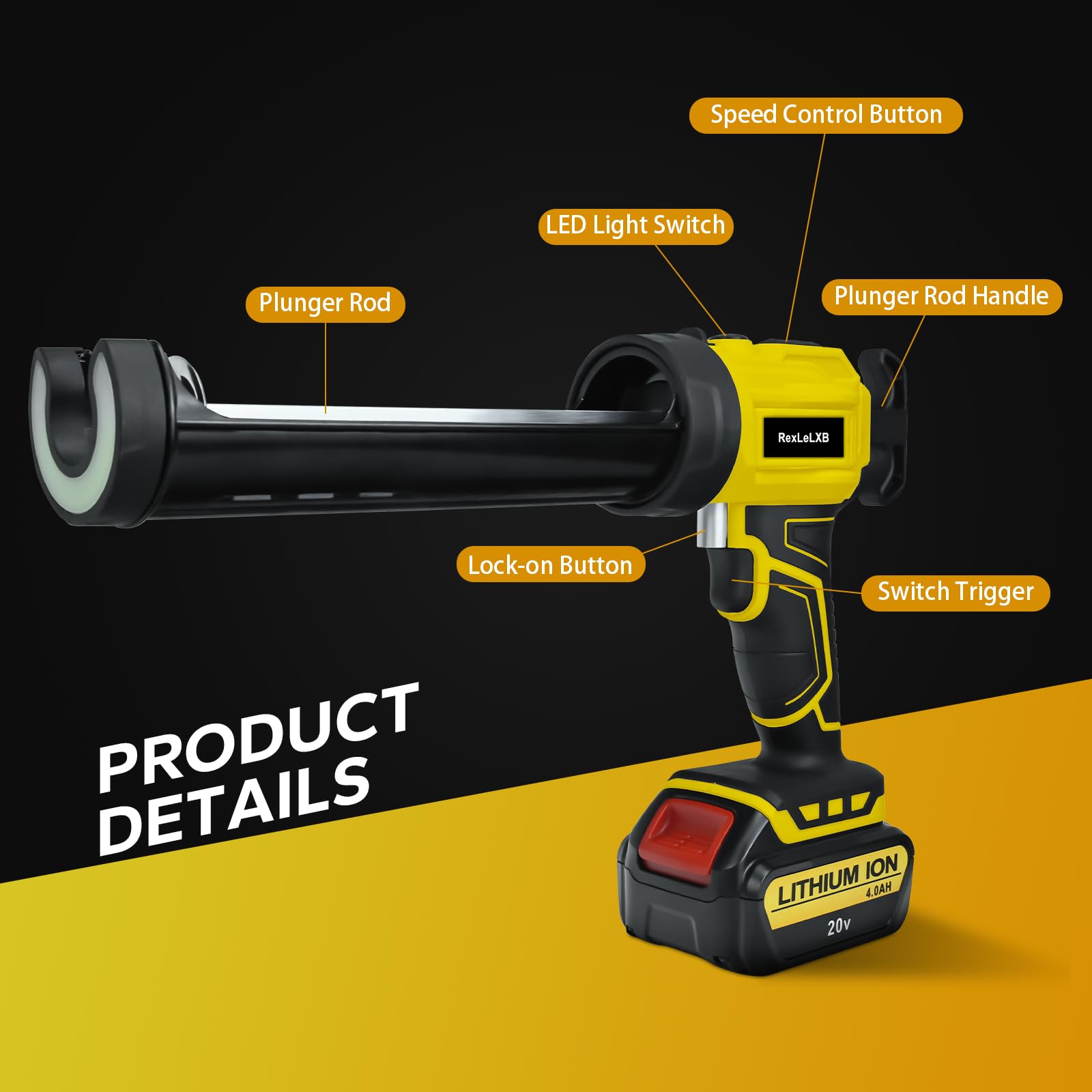 Cordless Caulking Gun for DeWALT 20V Battery, Electric Caulk Adhesive Gun with 450lm LED Light, 4 Adjustable Speeds, Drip-free Caulk Gun, 10oz/300ml Caulking Tool for Filling, Sealing(No Battery)