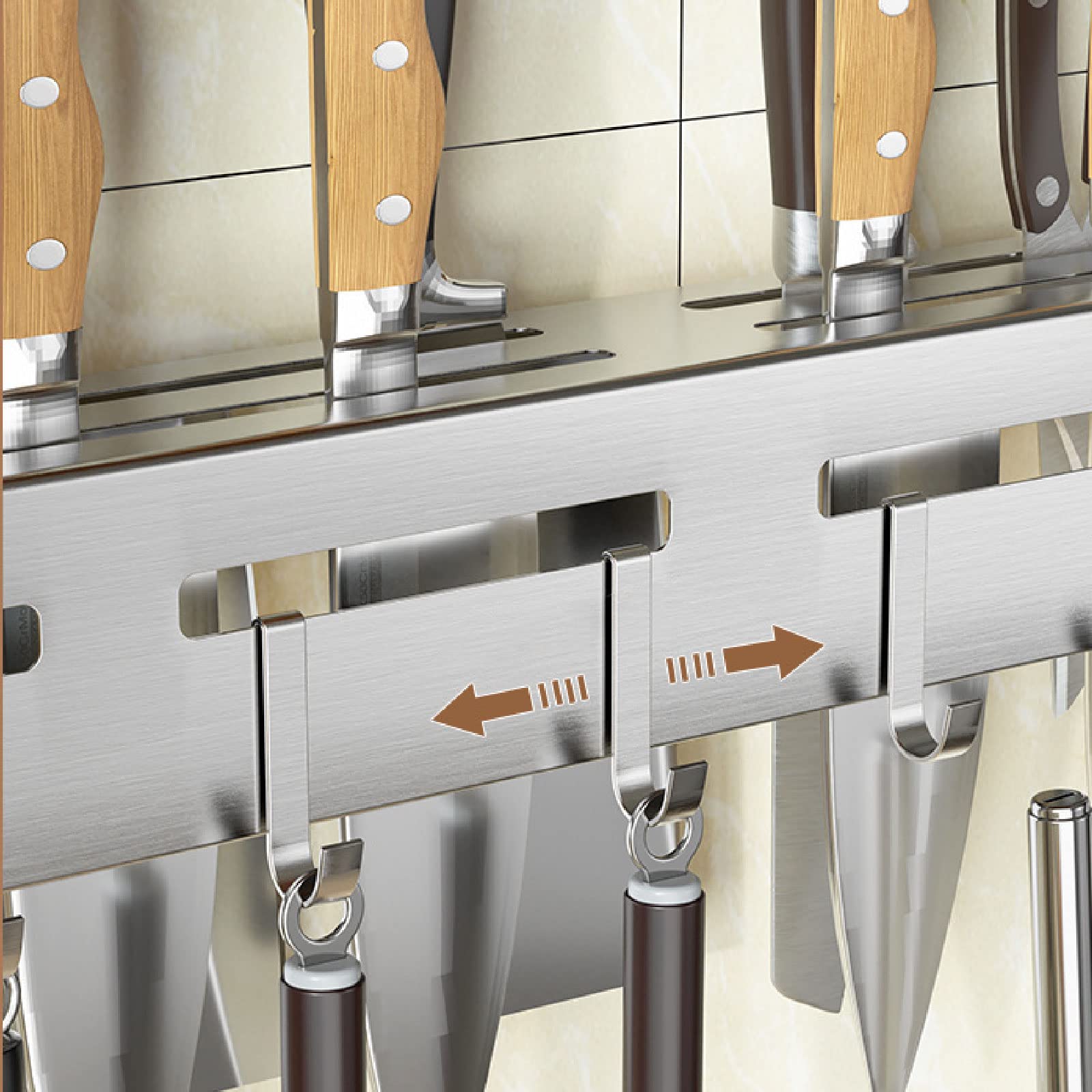 Camidy Stainless Steel Knife Bar Wall Mounted Kitchen Knife Holder Knife Block with Chopstick Holders 8 Hooks