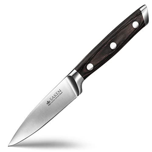 Saken Paring Knife 3.5 Inch Kitchen Utility Knife High Carbon Steel with Wooden Handle in Dark Wood Finish - Multipurpose Kitchen Knife for Mincing, Slicing, Chopping, and General Cutting Work