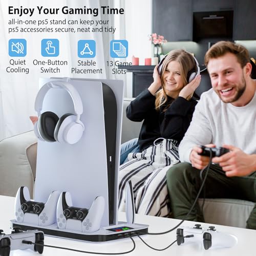 Cooling Station with Dual Controller Charging Station for PS5, Upgraded Accessories Vertical for PS5 Stand, 3-Levels Cooling Fan, 3 USB Hub and Headset Holder for Playstation 5 Disc/Digital Edition