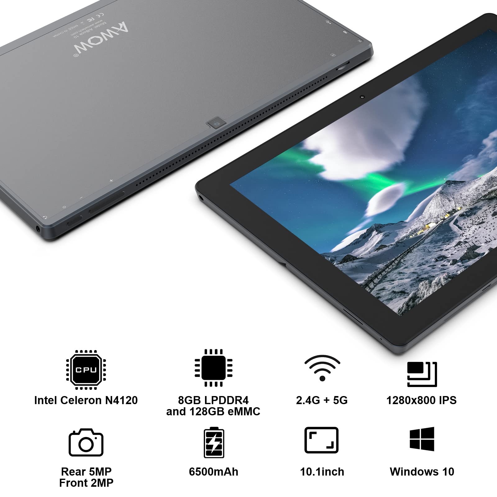 AWOW Detachable 2 in 1 Laptop Touchscreen Windows 11, 8GB RAM 256GB SSD, 10.1" Tablet with Keyboard, Intel Celeron N4120 2.6GHz, 2.4G+5G WiFi, Bluetooth, USB3.0, HDMI, Dual Camera