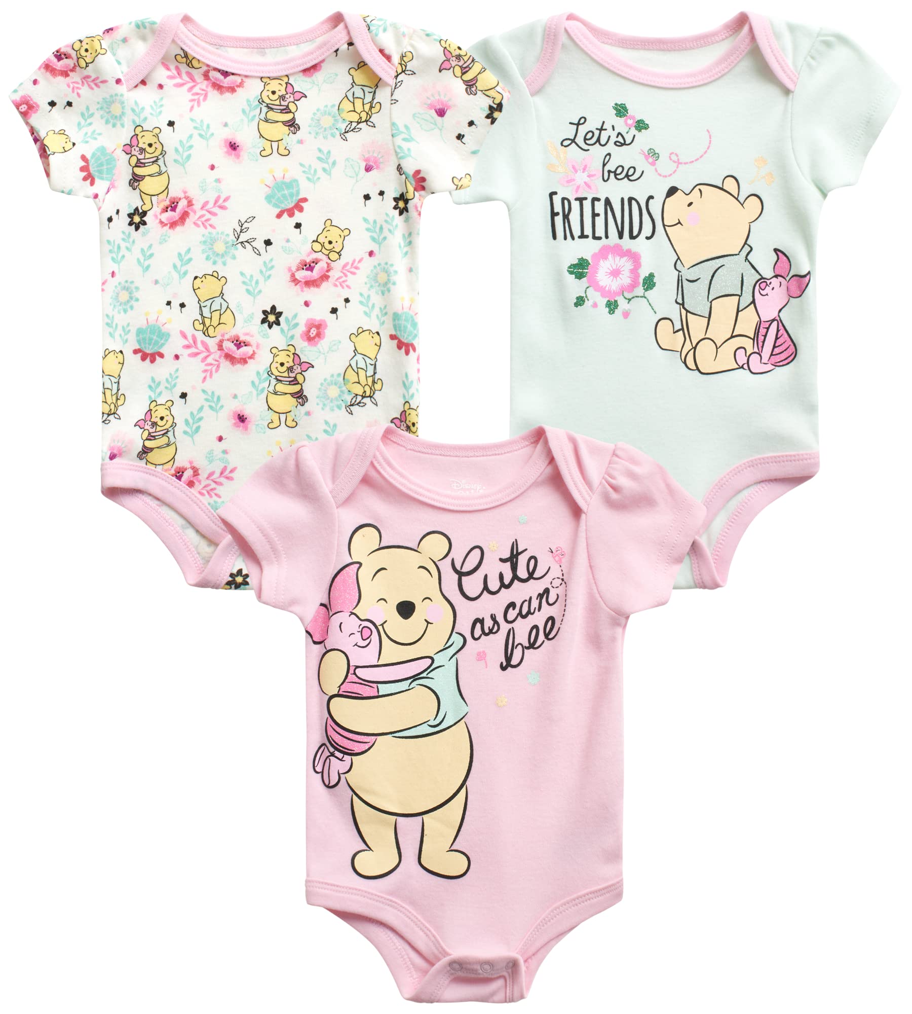 Disney Baby Girls? Minnie Mouse Bodysuit ? 3 Pack Romper: Easy Diaper Change, Size 0-3M, Pooh Bear Pink/Green