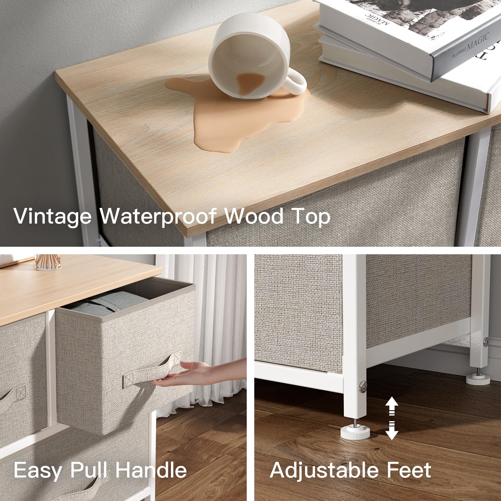 Pipishell Fabric Dresser, Dresser for Bedroom with 5 Drawers, Wide Dresser Storage Tower Organizer Unit with Wood Top and Easy Pull Handle for Closets, Living Room, Nursery Room, Hallway(Light Grey)