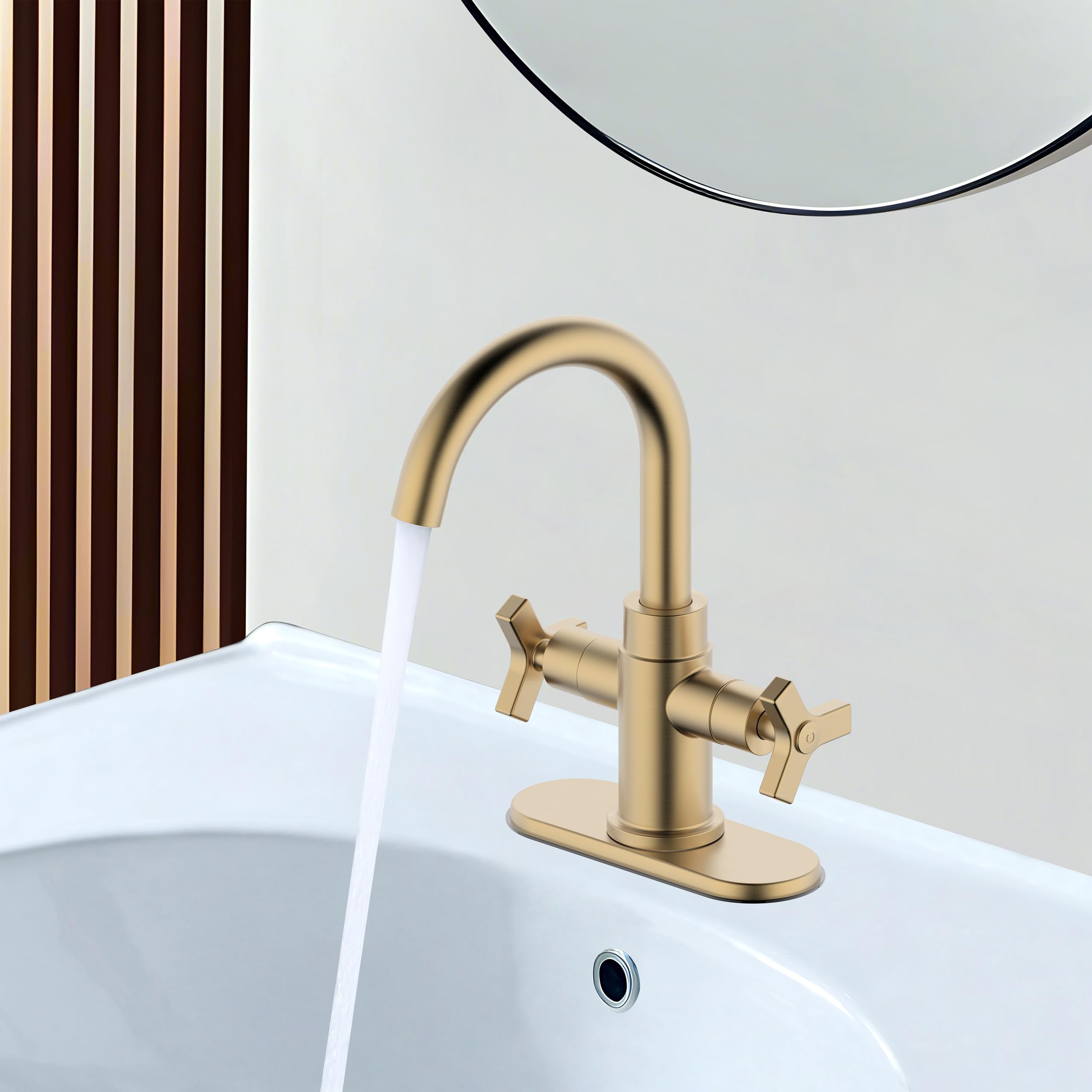 Derengge Brushed Gold Bathroom Faucet,Two-Handle Bathroom Sink Faucet Water Supply Line,Single Hole Lavatory Vantity Faucet,F-0081-CS