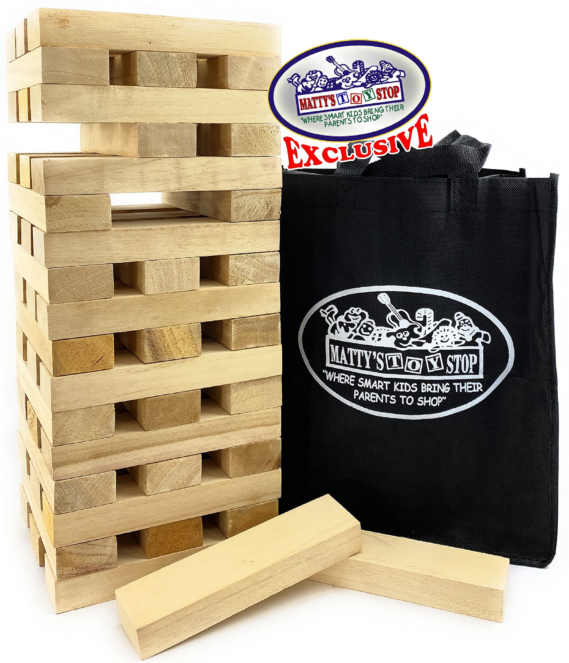 Mɑtty's Toy Stop Deluxe 51pc Giant Wood Tower Stacking Game with Storage Bag (Starts 17" Tall)