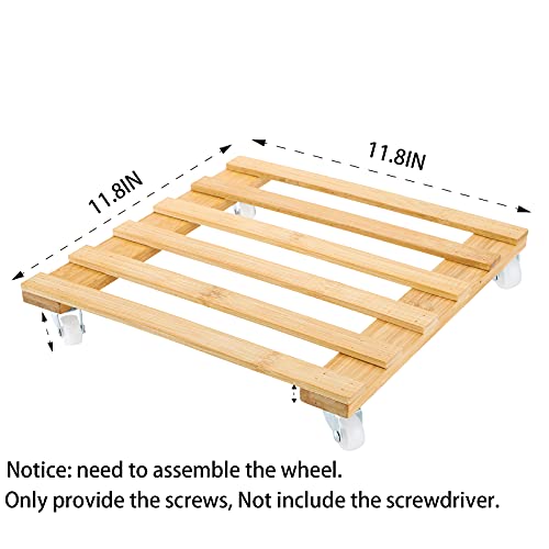 Cedilis 3 Pack Plant Caddy, Bamboo Plant Stand with Rolling Wheels, Mobile Flower Pot Mover Roller, Heavy Duty Plant Pot Pallet Dolly Caster for Patio Outdoor, Holds up to 100 Lbs, 12 Inch Square