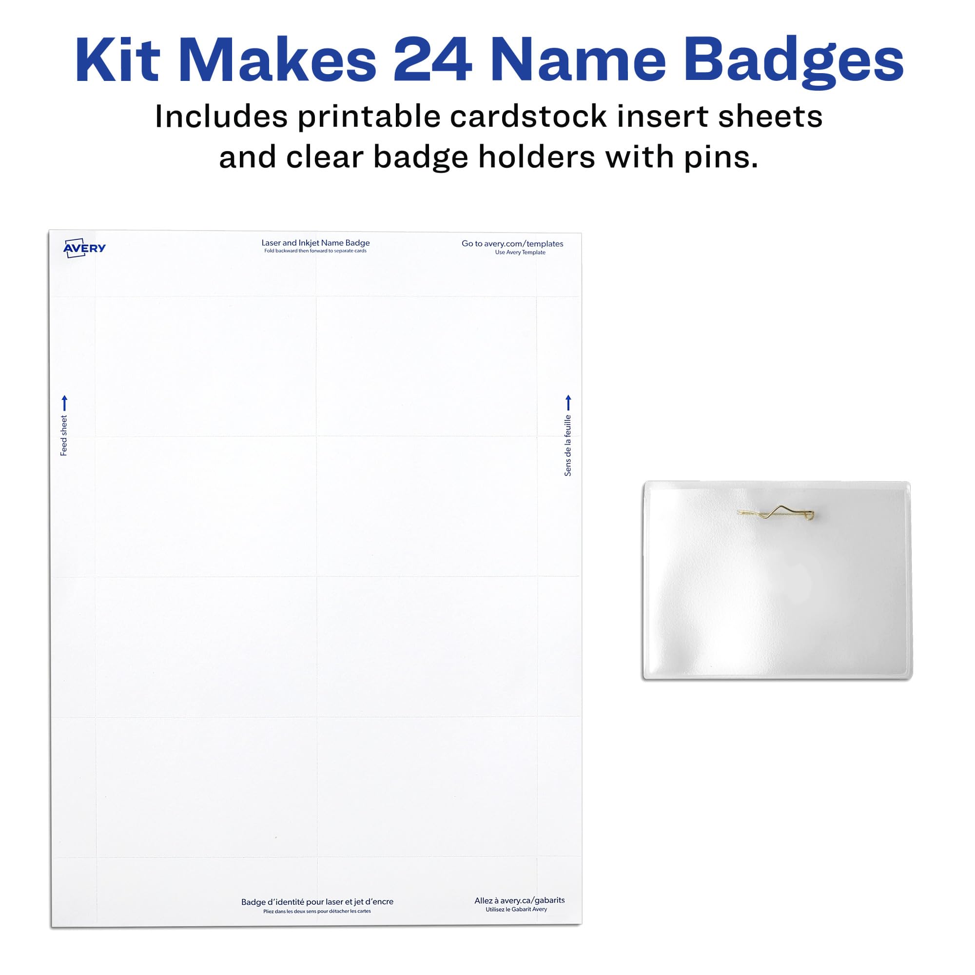 Avery Customizable Name Badges with Pins, 2.25" x 3.5", Clear Name Tag Holders with White Printable Inserts, 24 Pin Style Name Badges (74652)