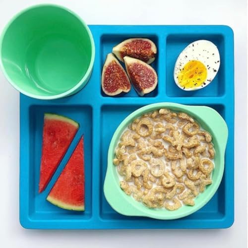 bobo&boo Bamboo Kids Divided Bento Plate, Sectioned Toddler Plate, Childrenās Compartment Plates, 5 Portioned Sections, Mix and Match, Dolphin Blue
