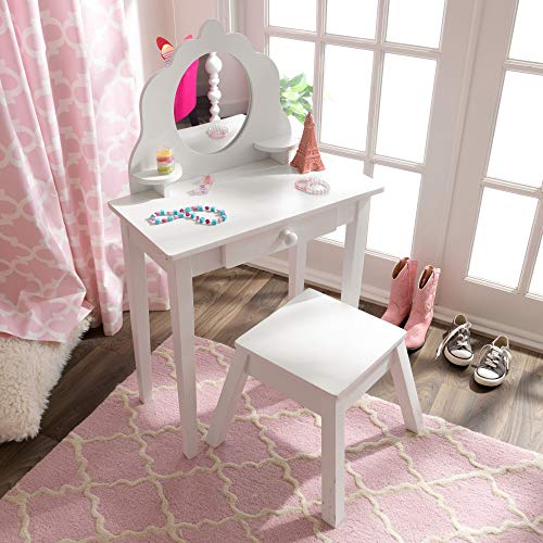 KidKraft Medium Wooden Vanity & Stool - White, Children's Furniture, Kid's Bedroom Storage, Gift for Ages 3-8