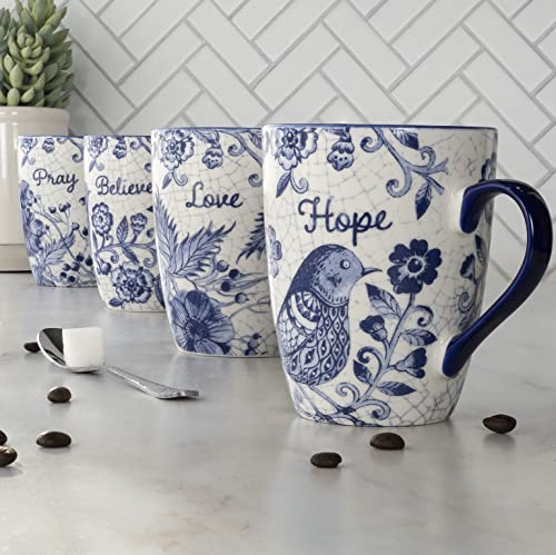 Blue Birds - Believe Hope Pray & Love Inspirational Blue and White Floral Ceramic Coffee/Tea Mug Set for Women Boxed Set/4 Coffee Cups