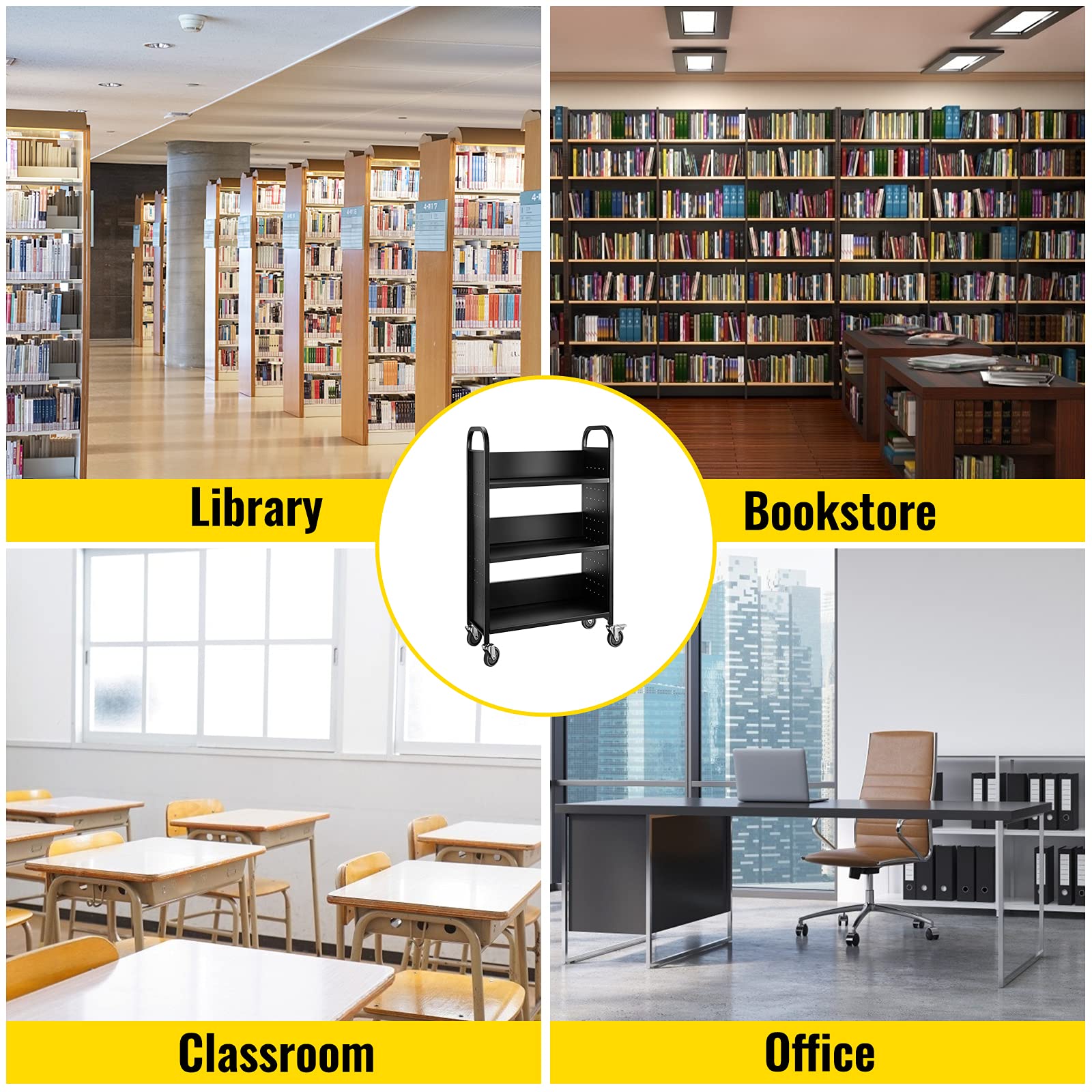 BestEquip Book Cart, 200LBS Library Cart, 49.2''x29.5''x13.8'' Rolling Book Cart, Single Sided L-Shaped Flat Shelves with Lockable Wheels for Home Shelves Office School Book Truck Black