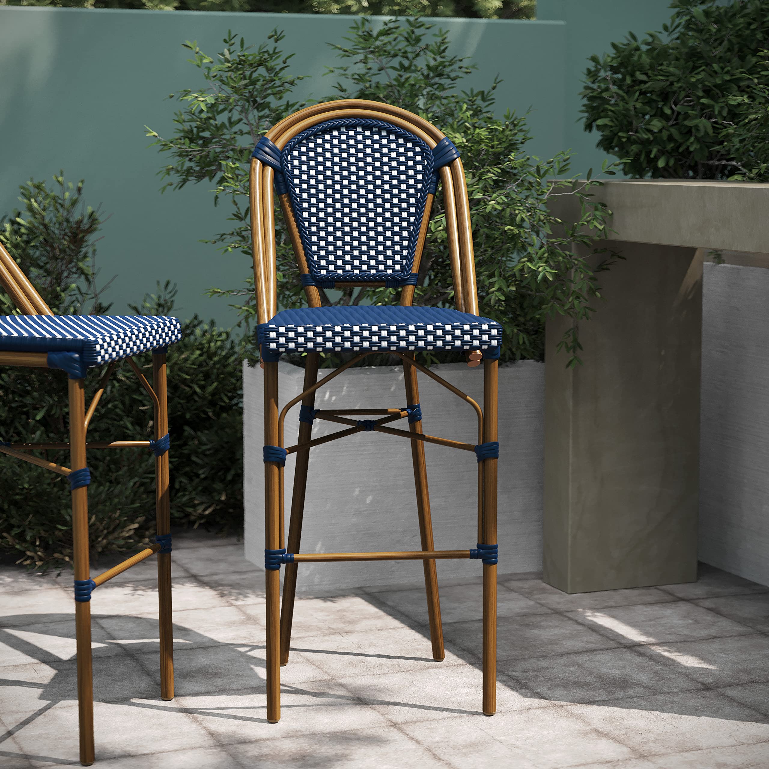 EMMA + OLIVER Soie Bistro Bar Stool - Stacking Indoor/Outdoor PE Rattan Bar Stool with Bamboo Finish Frame - 30" High - Set of Two - Navy/White