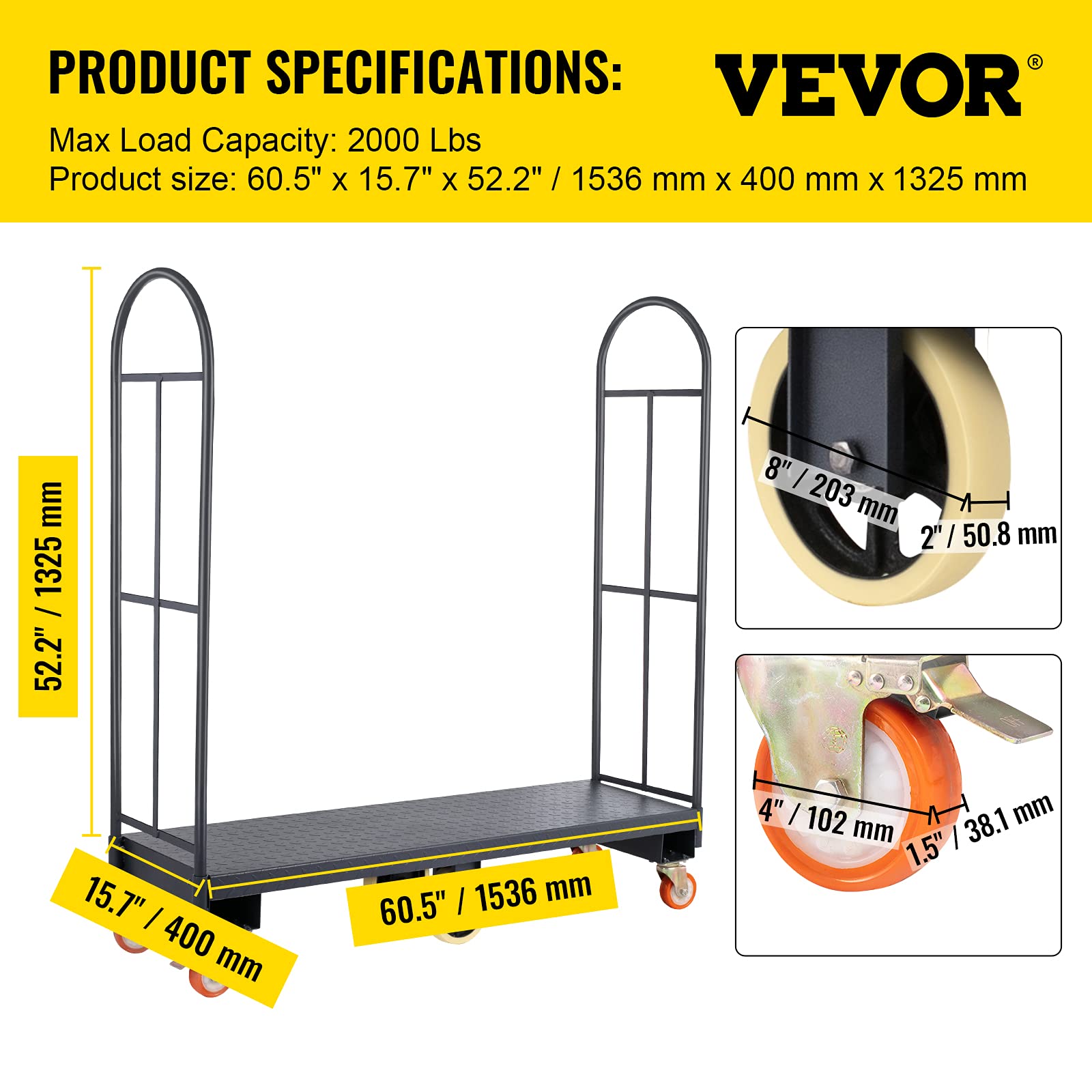 BestEquip U-Boat Cart 2000LBS Capacity U-Boat Platform Truck Dolly