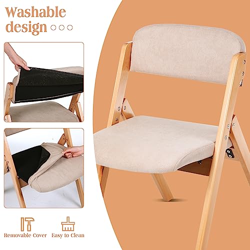 Kigley 2 Pack Folding Chairs with Padded Seats and Removable Cover, Wooden Foldable Dining Chairs Stackable Padded Single Folding Chairs for Home Office Wedding Party Events Indoor Outdoor, Khaki