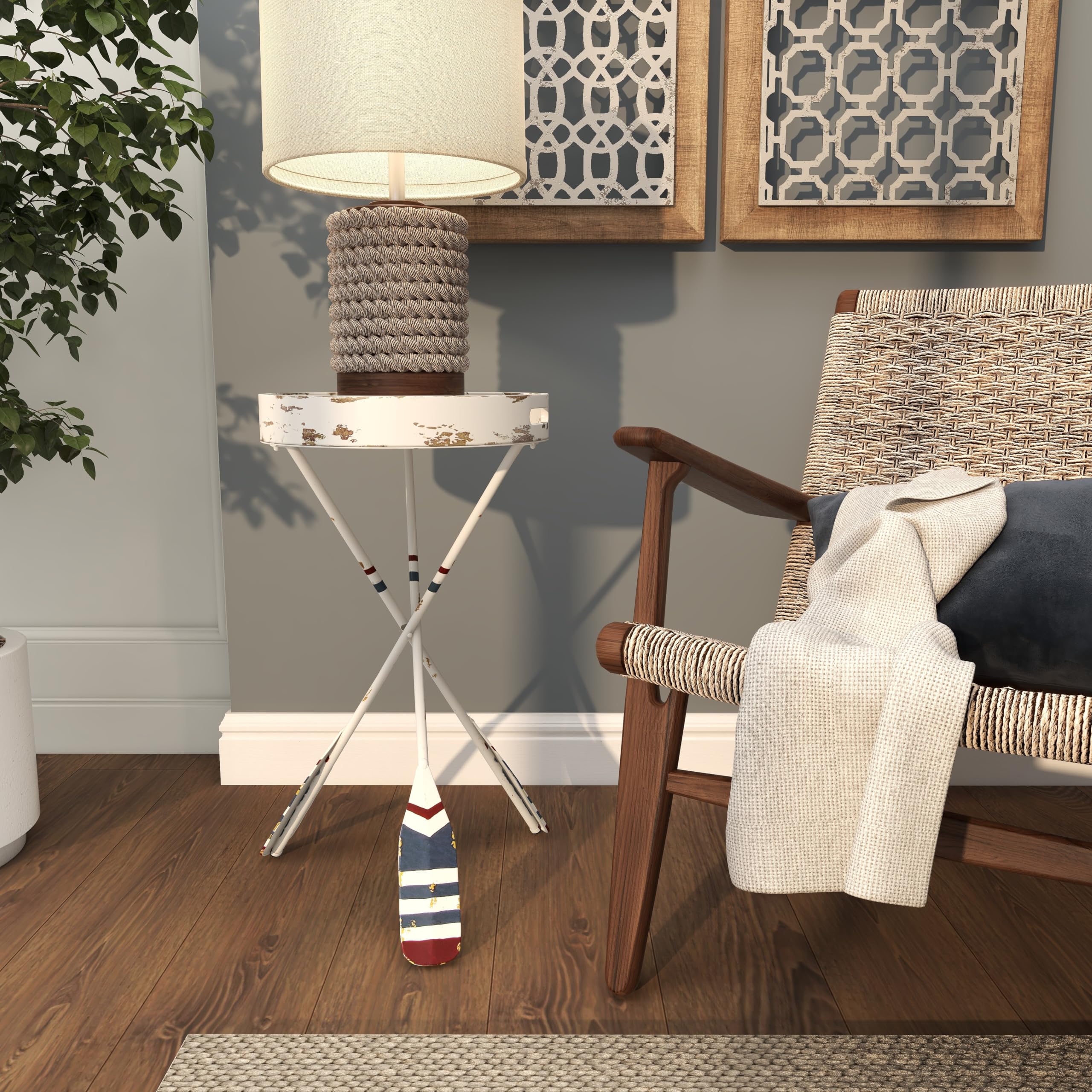 Deco 79 Metal Paddle Side End Accent Table Distressed Striped End Table with Navy and Red Striped Oar Legs, Side Table 16" x 16" x 28", White