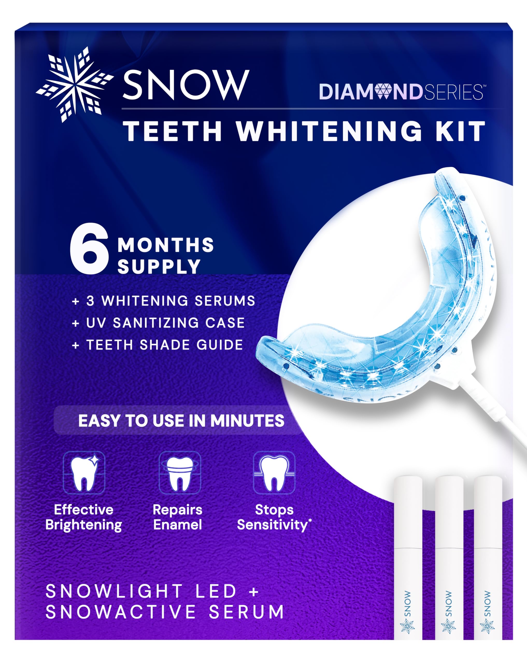 SNOW Diamond Wired Whitening Kit - Sensitive Teeth Whitening Kit - Whitens & Repairs Teeth 6 Months of Treatment Gentle & Enamel Safe Blue