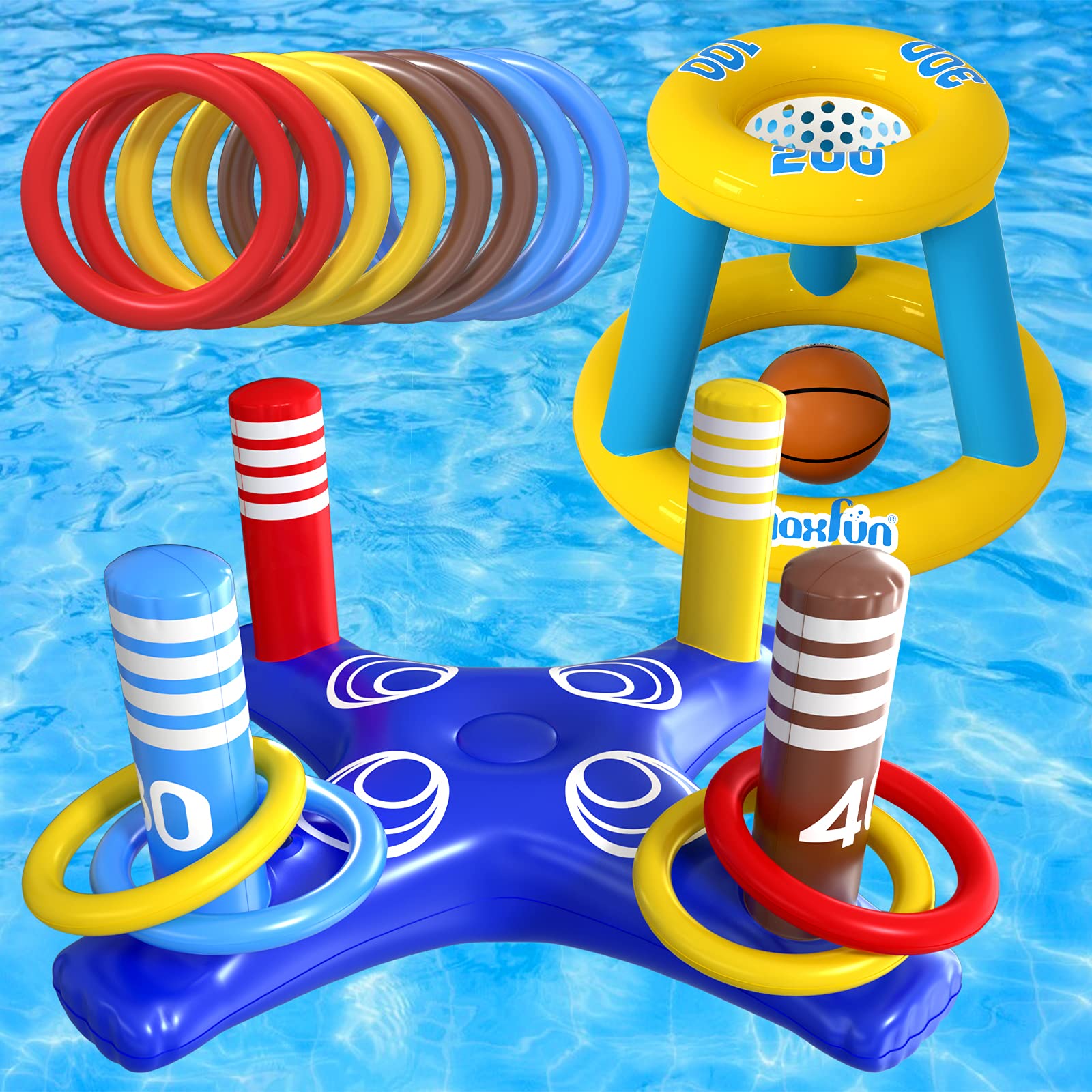 Max Fun Pool Floats Toys Games Set - Floating Basketball Hoop Inflatable Cross Ring Toss Game Toys for Kids Adults Swimming Pool Water Game