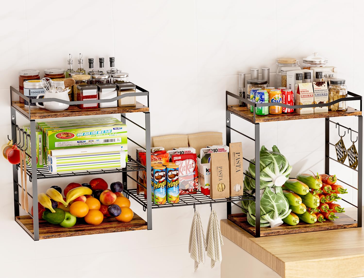 LIDTOP 2 Pack Laundry Room Shelves for Wall Mounted with Metal Baskets, Laundry Shelves Over Washer and Dryer Shelf, 3 Tier Organization and Storage Shelves for Laundry Bathroom Kitchen, 8 Hooks