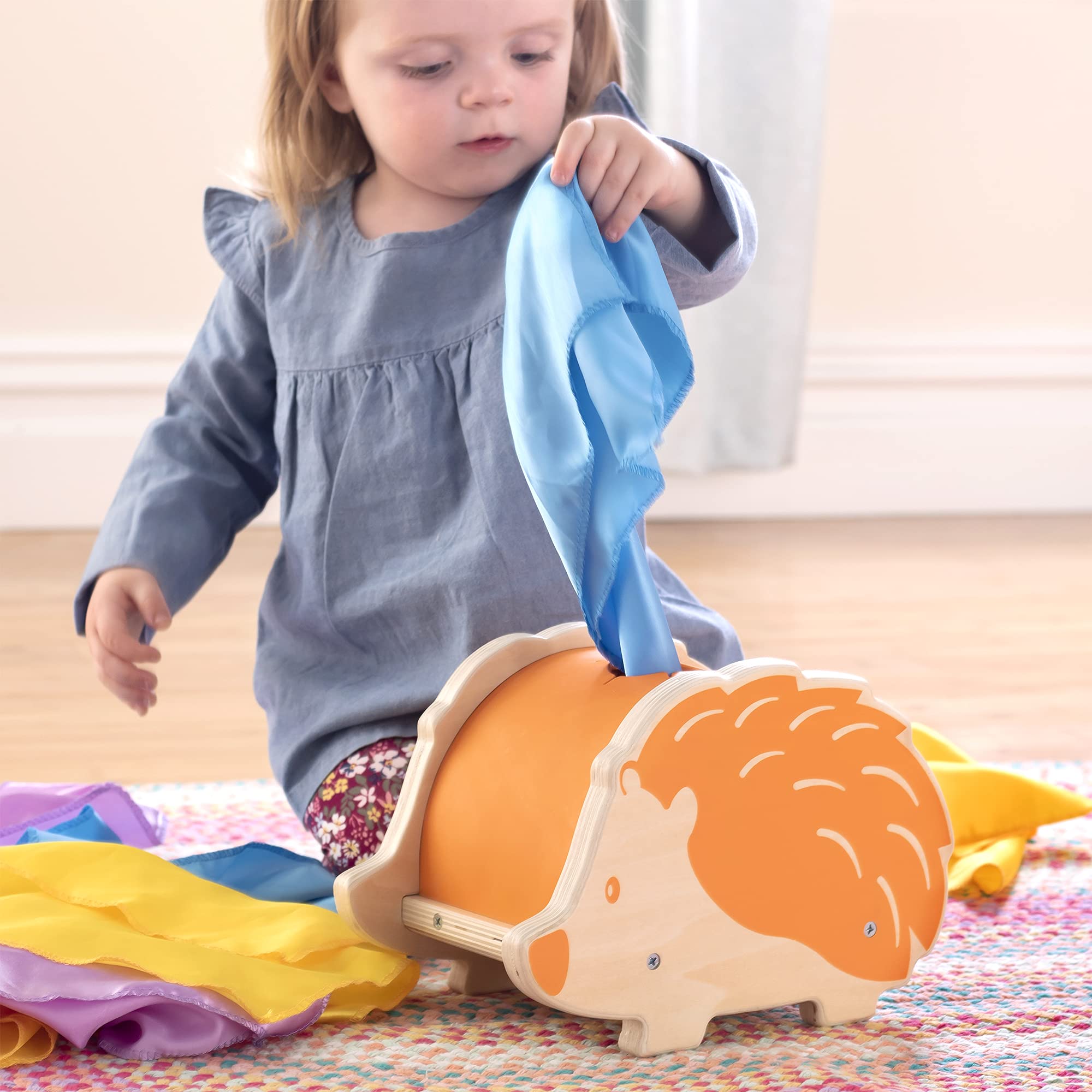 Guidecraft Hide and Play Hedgehog Tissue Box with 9 Multi-Color Satin Cloths: Kids Fine Motor Skill Toys