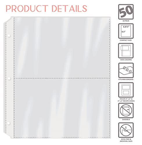 Better Kitchen Products Recipe Card Page Protectors, 100 Count, 4 x 6 inch Pockets, 2 Pockets Per Page, Recipe Book Pocket Page Refill Sheets, 8.5 x 6.9 Inches, 3-Hole Punched-100 Pack