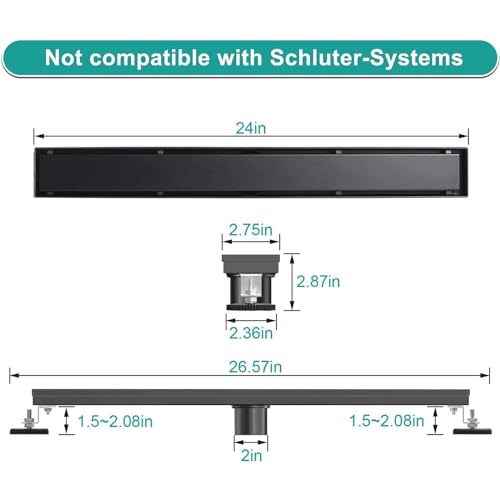 BARONAGE 24-Inch Linear Shower Drain, with 2-in-1 Flat & Tile, Insert Cover Black Brushed 304 Stainless Steel Rectangle Shower Floor Drain Adjustable